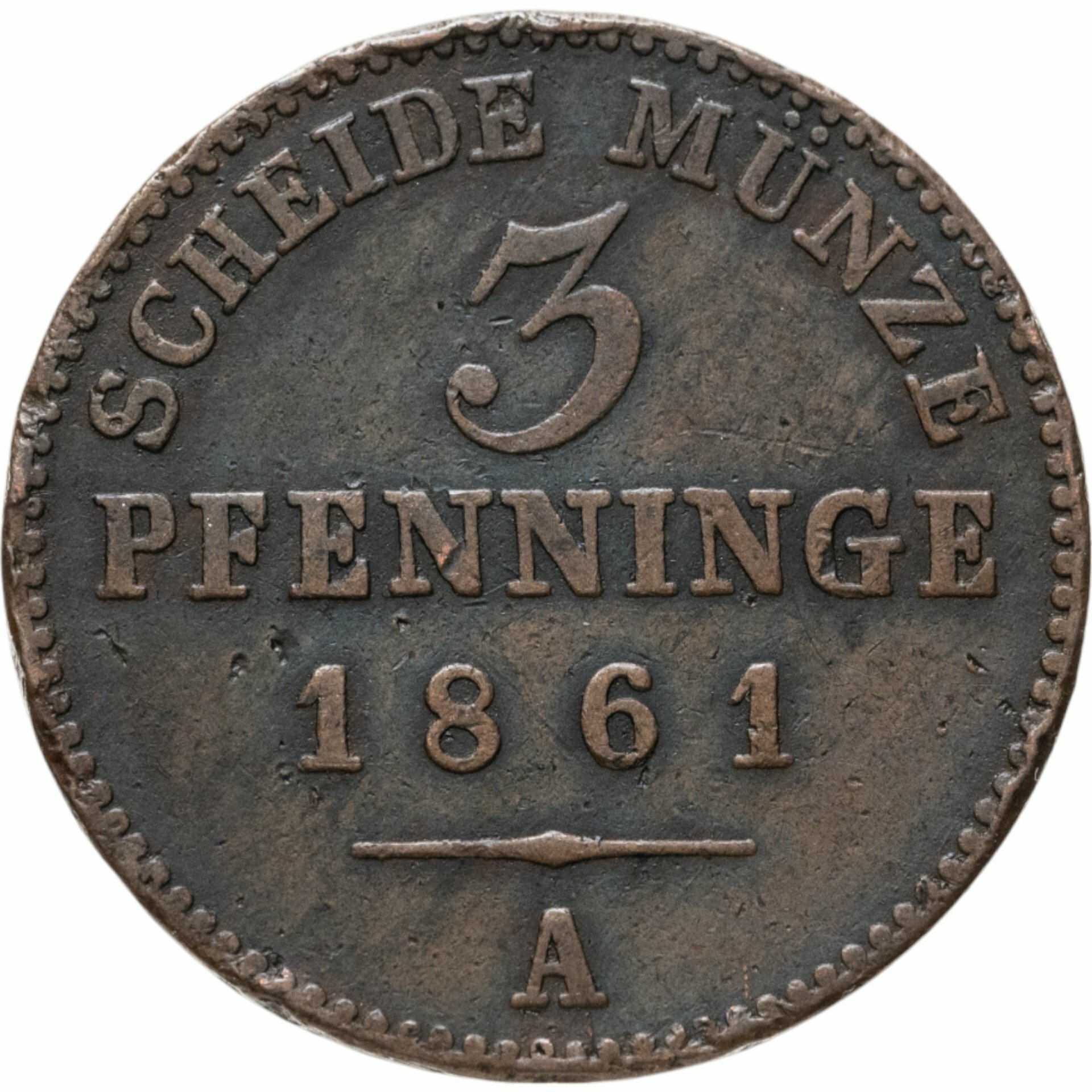 Германия, Пруссия 3 пфеннига 1861, Медь, в сохранности XF
