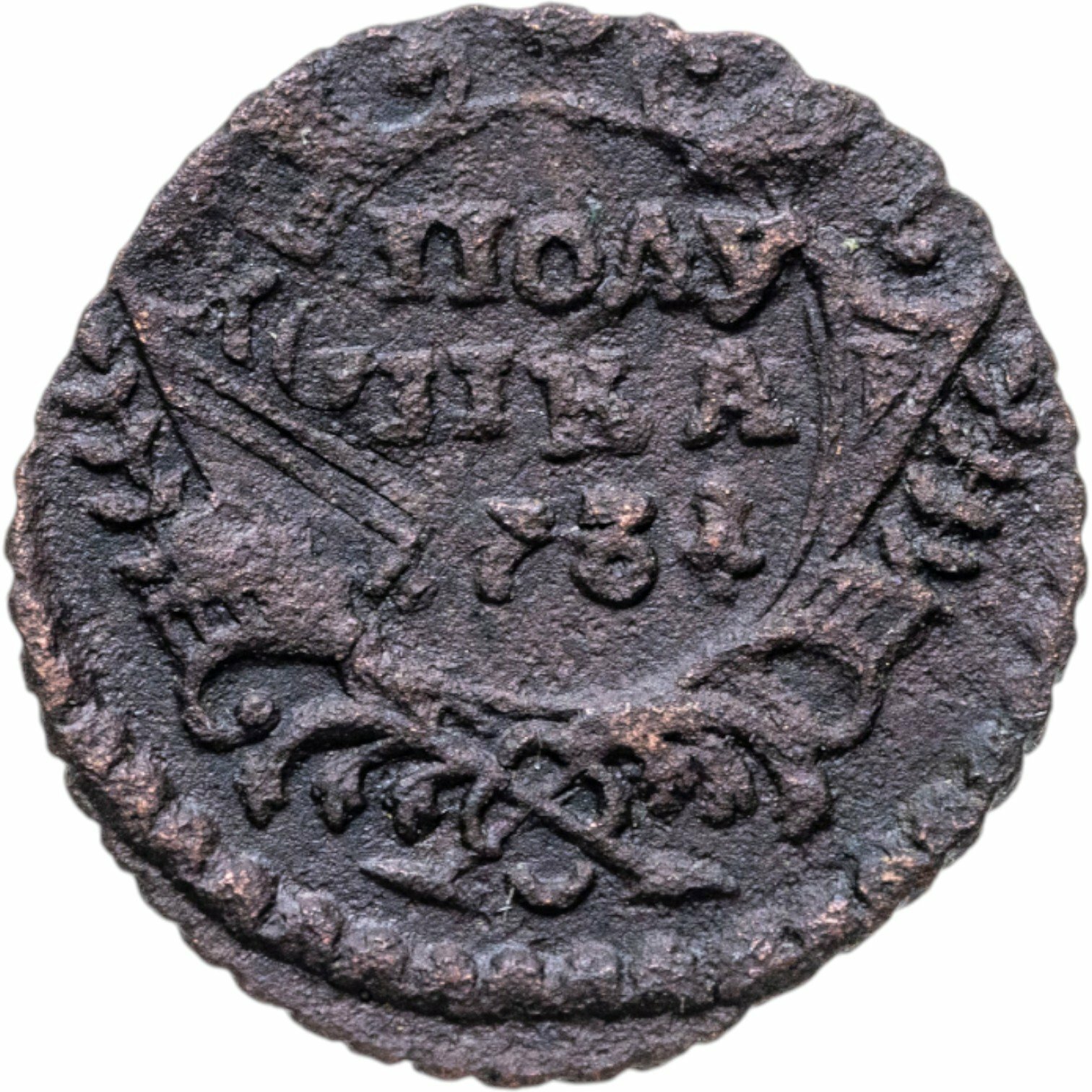 Полушка 1731 перечекан с "крестовой" копейки Петра I, Медь, в сохранности VF-XF