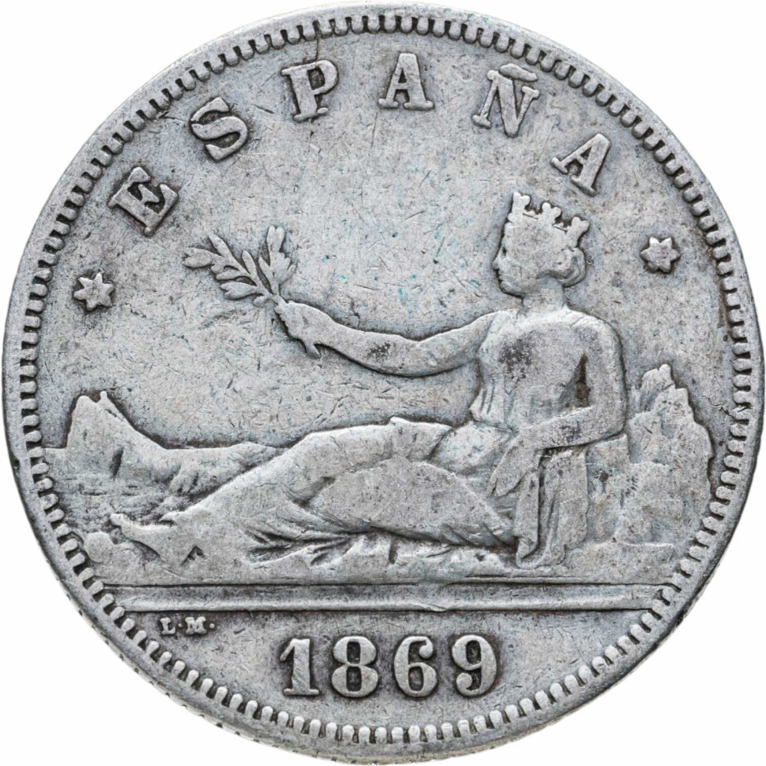 Испания 2 песеты pesetas 1869, Серебро 835, в сохранности VF