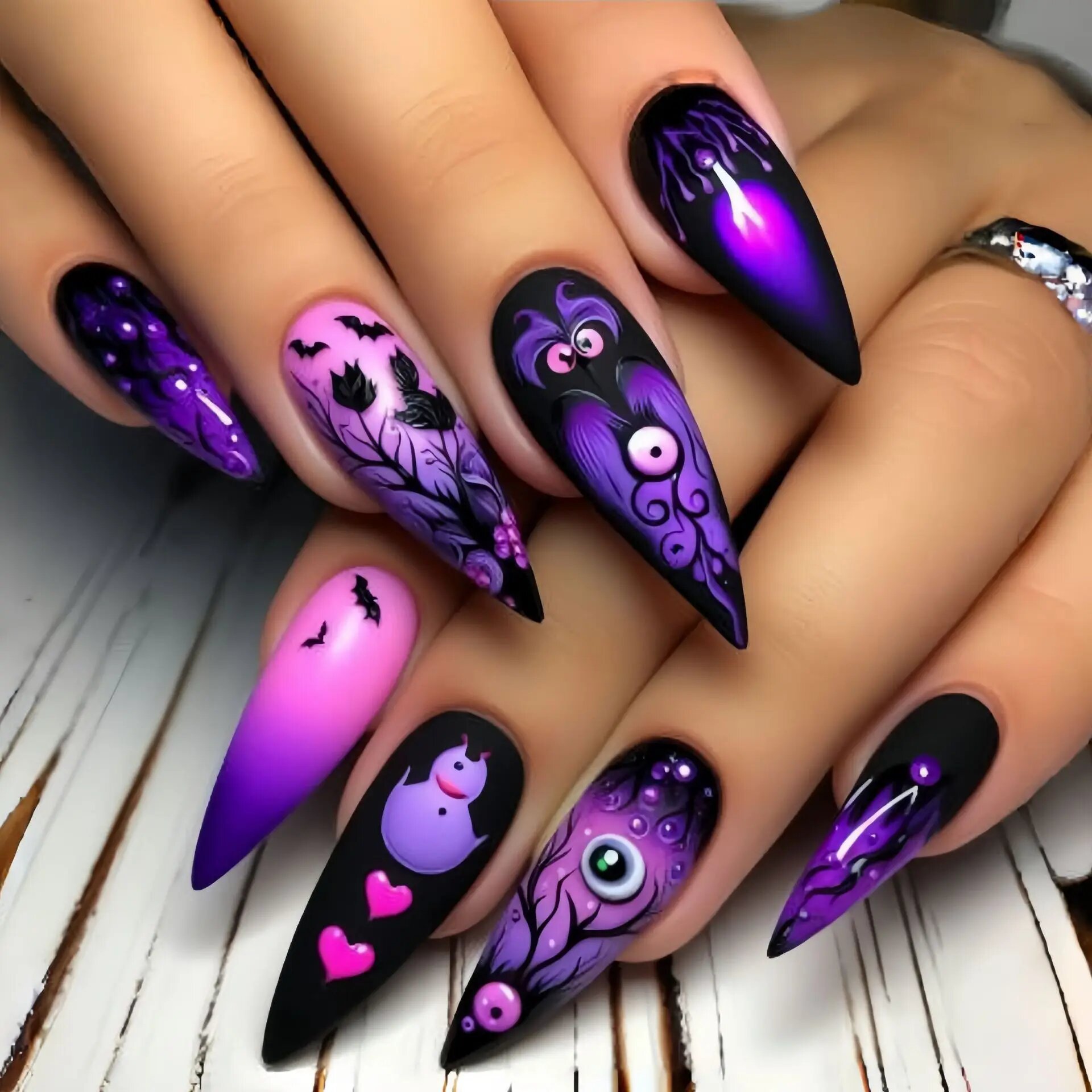 Фиолетовые накладные ногти миндаль, Halloween, 24 шт.