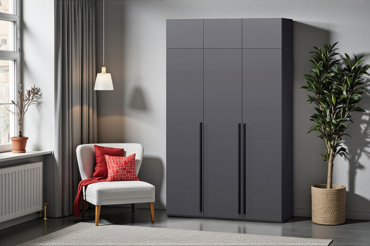 Распашной трехсекционный шкаф Лорена Пакс-3 с антресолью Серый Графит 162 PE NOW 120x40x230 см, Фиеста