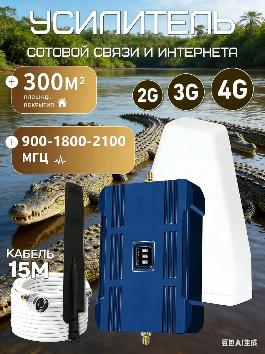 Усилитель сотовой связи 900/1800/2100 МГц (2G/3G/4G): до 70 км, направленный, синий, 1.3 кг