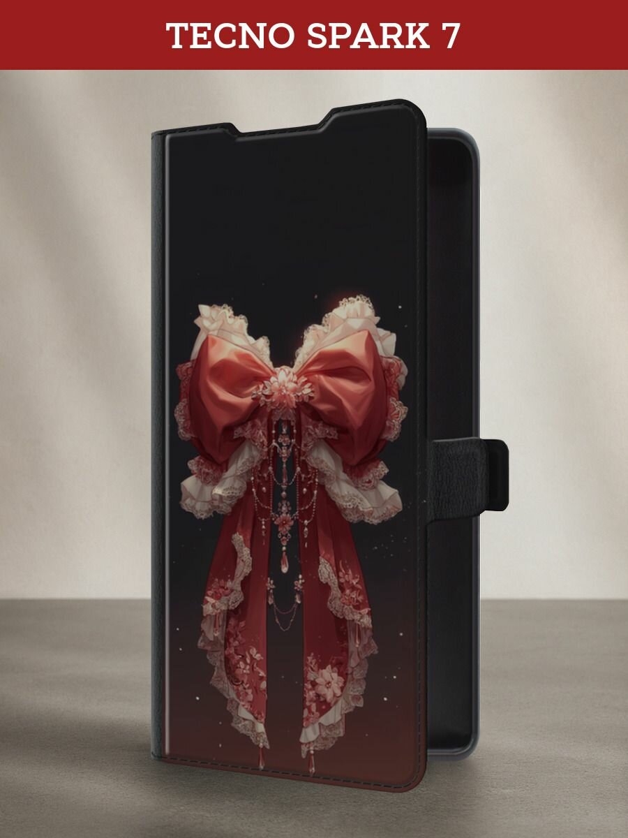 Чехол-книжка на Tecno Spark 7 / Текно Спарк 7 с принтом Красный бант аниме, черный