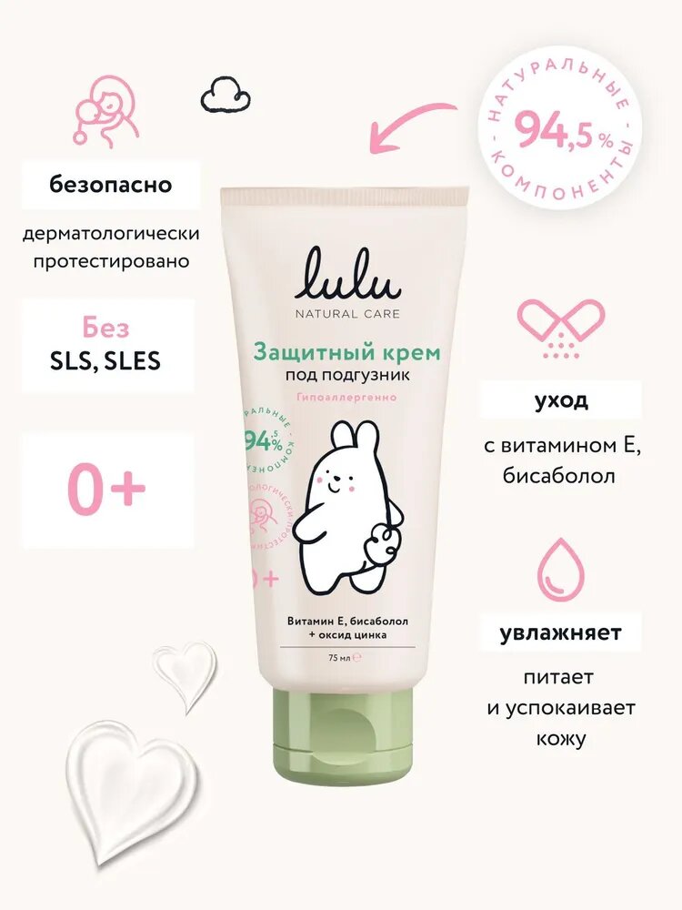 Крем под подгузник для новорожденных LULU 0+ (75 мл.) детский крем под подгузник с цинком, витамином Е, пчелиным воском и экстрактом календулы