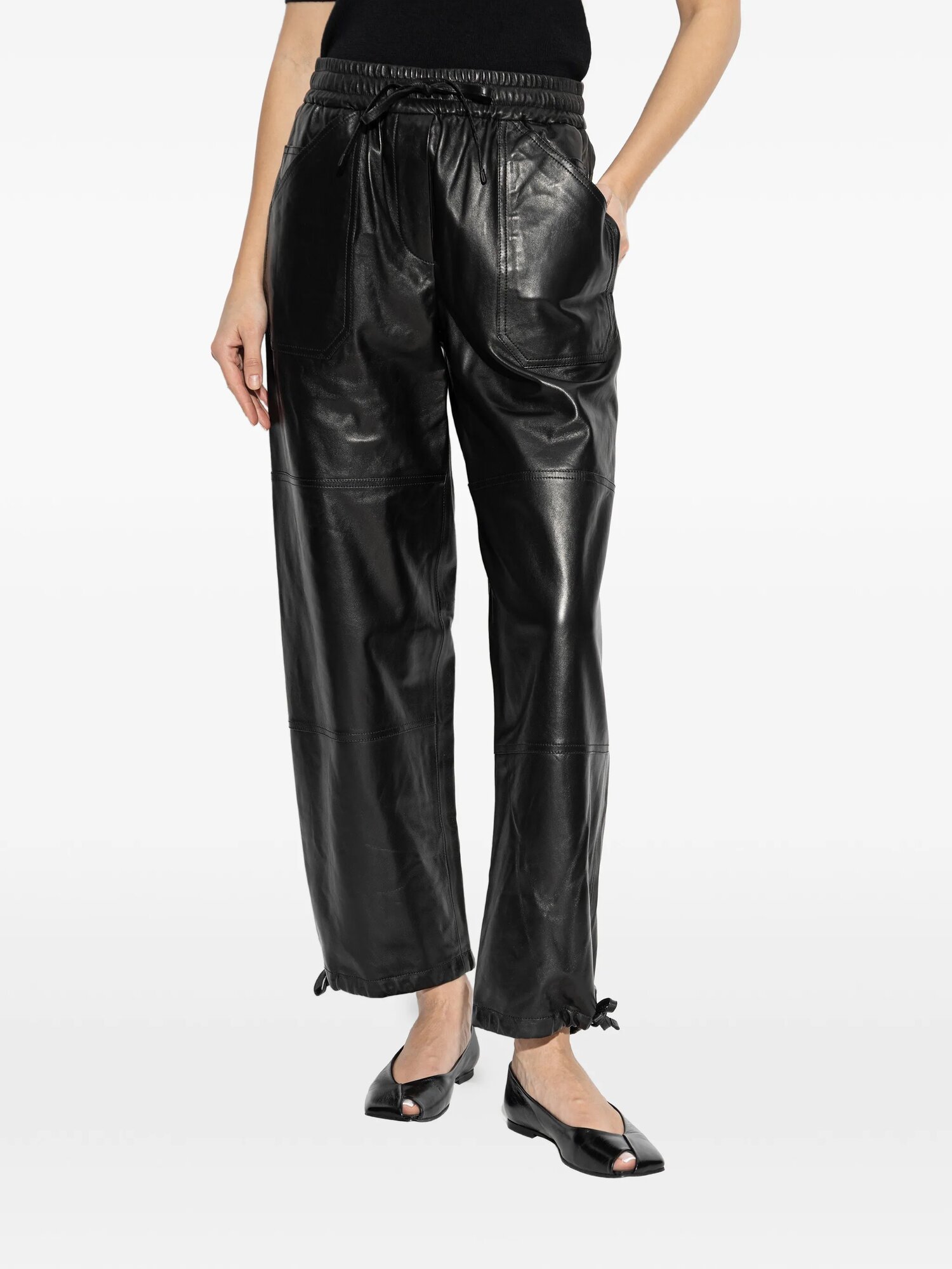 Брюки Jil Sander Drawstrings leather trousers, размер 36, black/black — фото 1