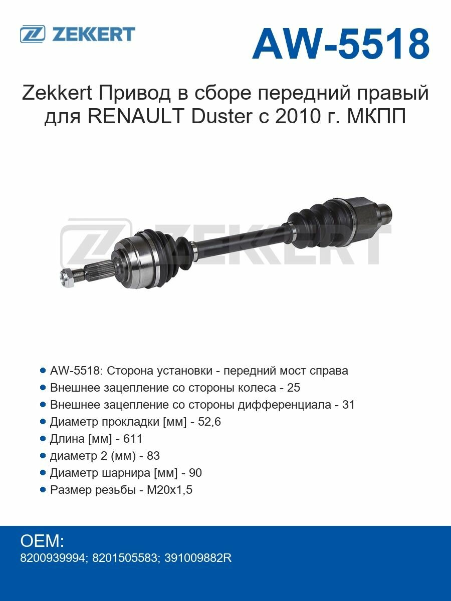 Zekkert Привод в сборе передний правый для RENAULT Duster с 2010 г. МКПП