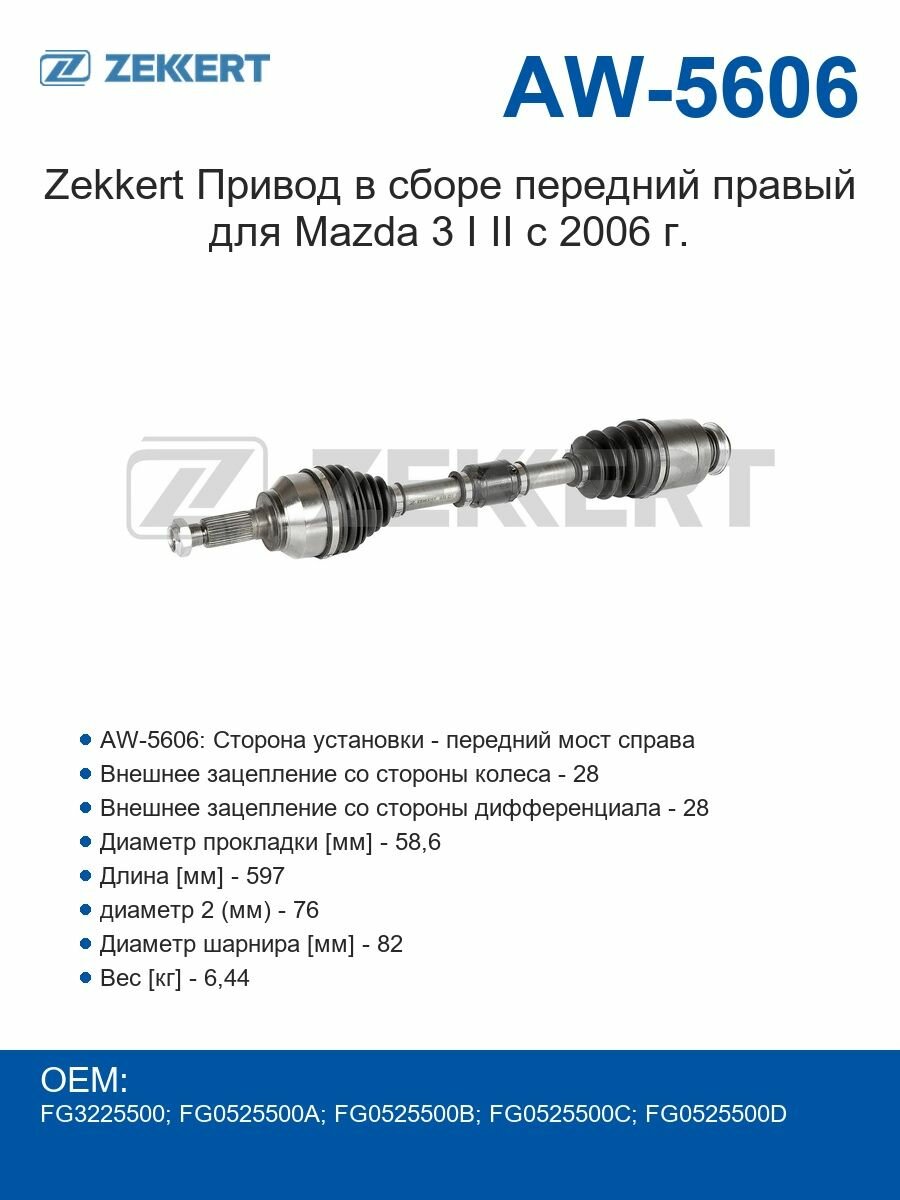 Zekkert Привод в сборе передний правый для Mazda 3 I II с 2006 г.