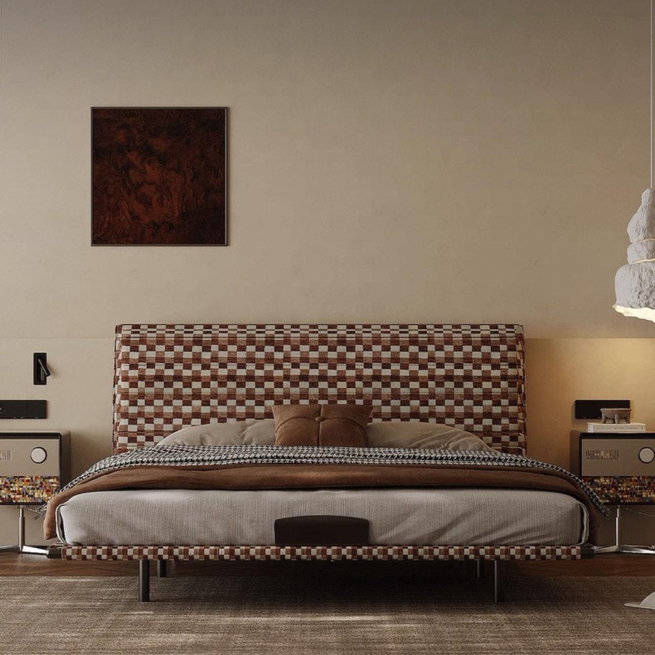 Интерьерная кровать с высоким изголовьем на высоких металлических ножках Algaiat (180см / цвет коричневый)