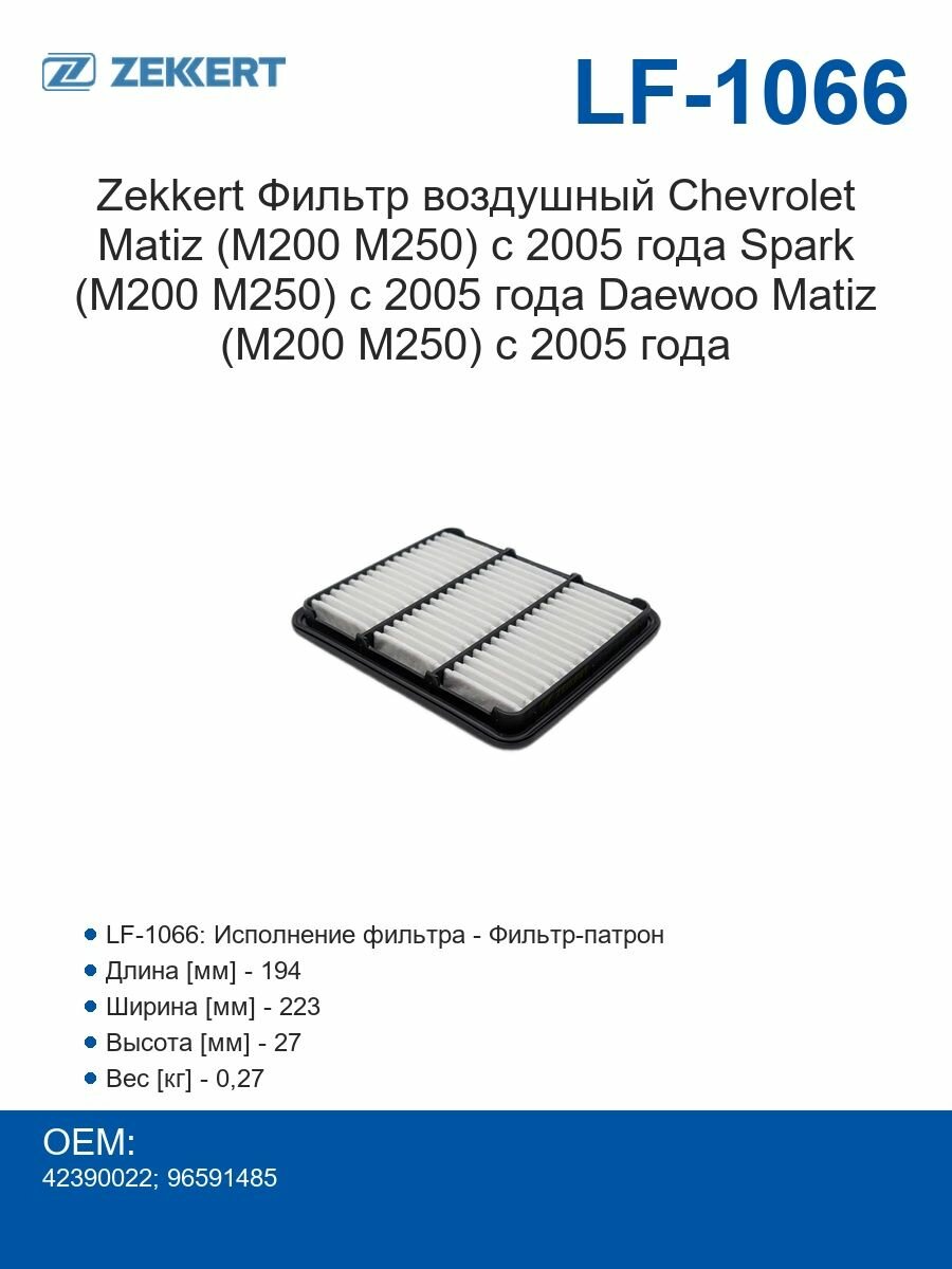 Zekkert Фильтр воздушный Chevrolet Matiz (M200 M250) с 2005 года Spark (M200 M250) с 2005 года Daewoo Matiz (M200 M250) с 2005 года