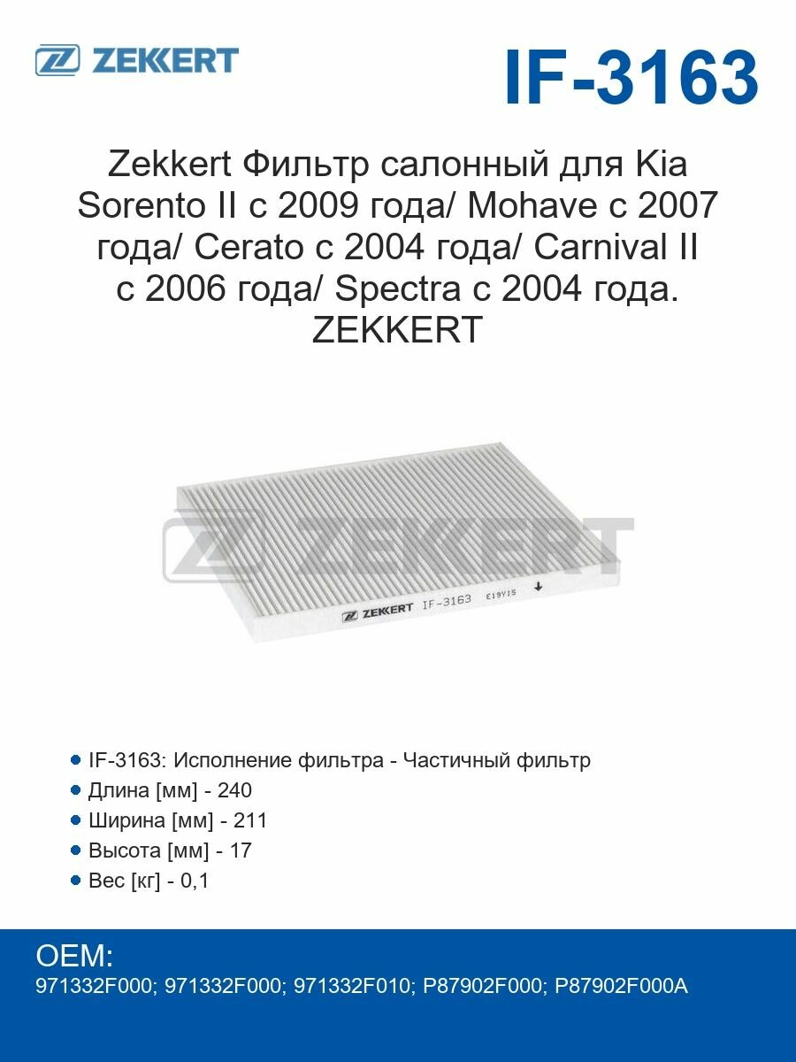 Zekkert Фильтр салонный для Kia Sorento II с 2009 года/ Mohave с 2007 года/ Cerato с 2004 года/ Carnival II с 2006 года/ Spectra с 2004 года. ZEKKERT