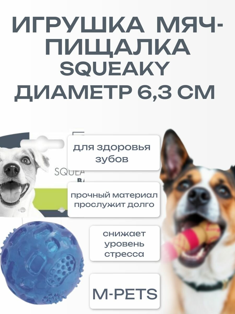 M-PETS Игрушка для собак SQUEAKY BALL мяч-пищалка 6,3 см, цвет голубой