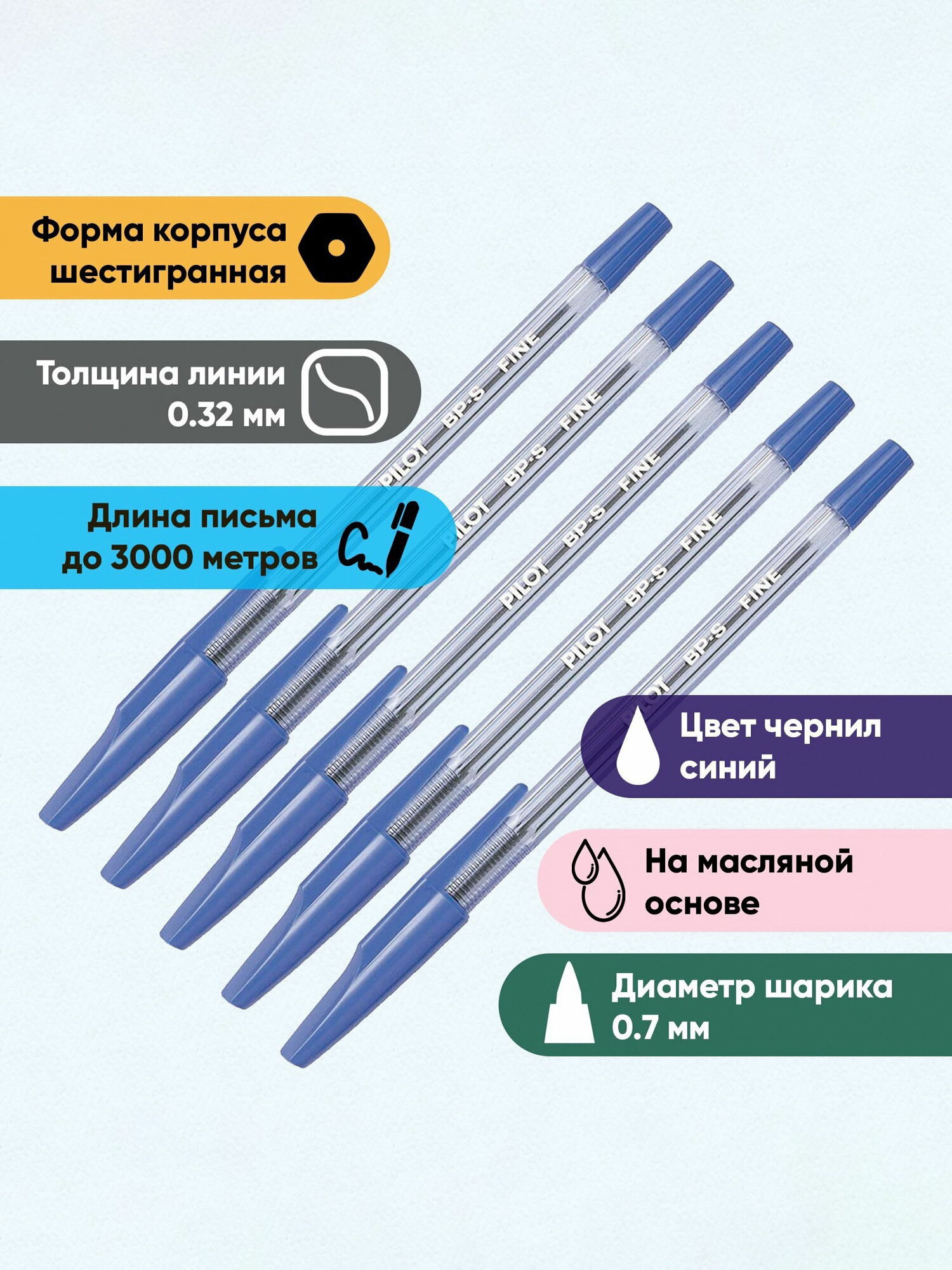Набор шариковых ручек BP-SF, 5 штук, синий стержень, на масляной основе, узел 0.7 мм, металлический наконечник