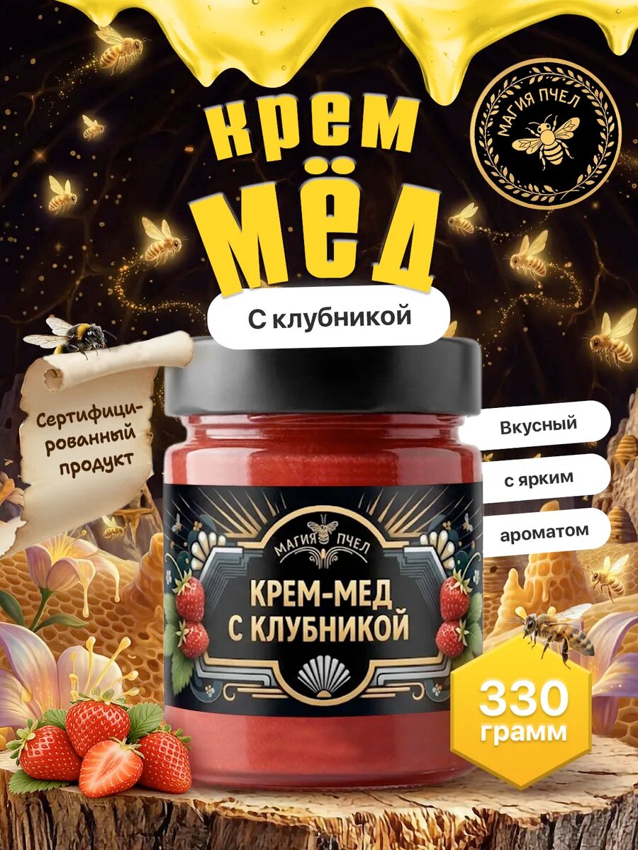 Крем-мед с клубникой, 330 гр, сбор 2025г, сертифицирован, "Магия пчел"