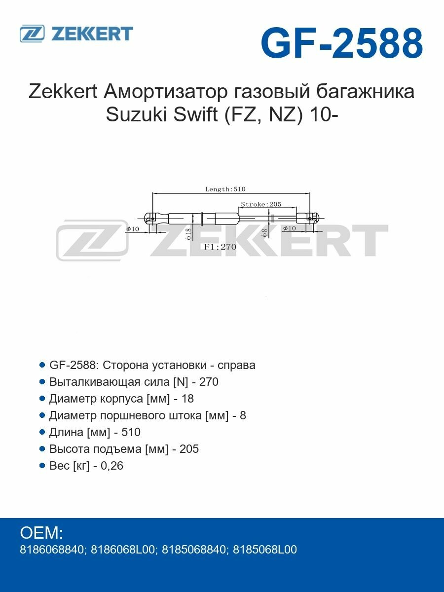 Zekkert Амортизатор газовый багажника Suzuki Swift (FZ, NZ) 10-