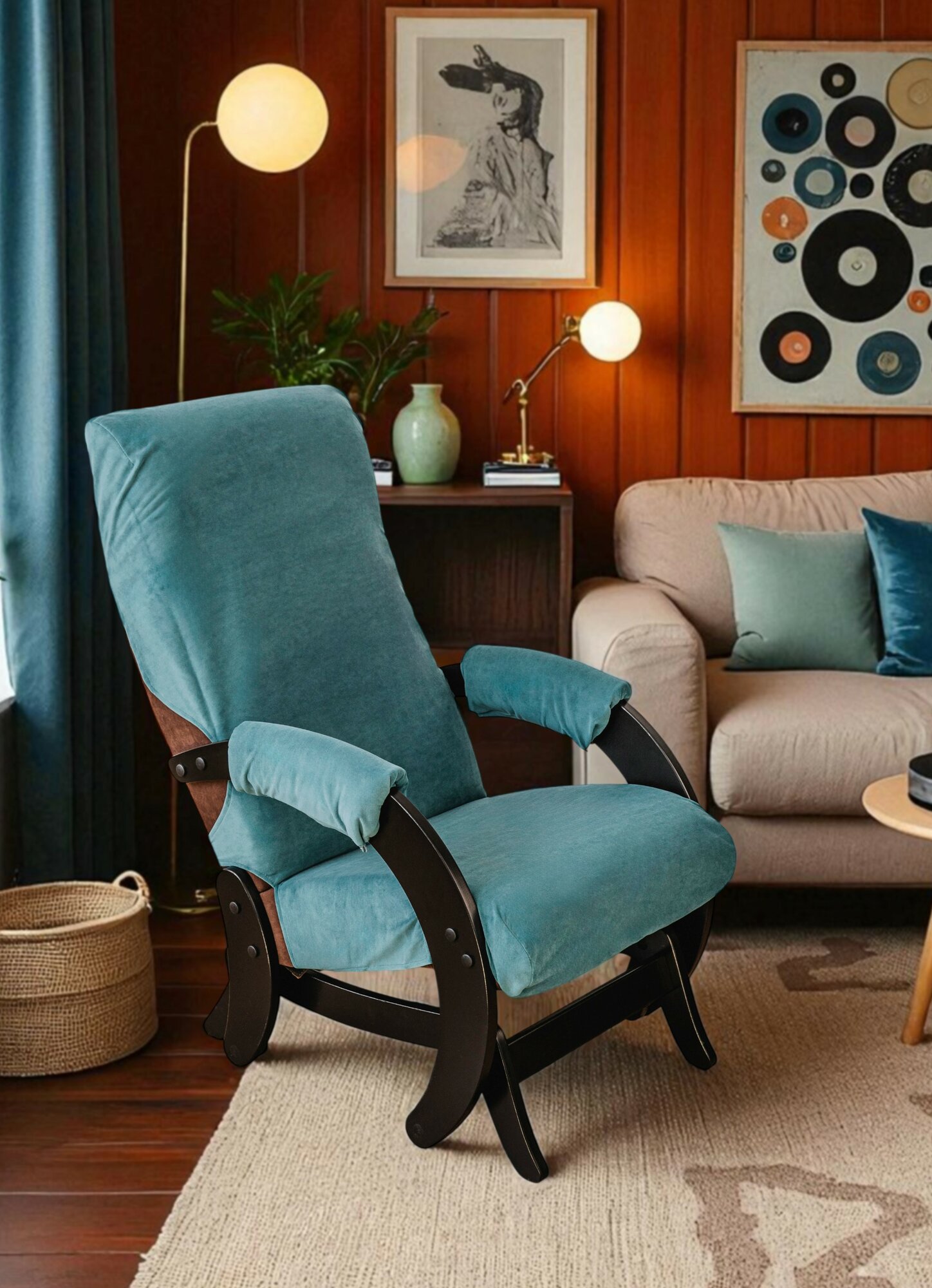 Чехол накидка на кресло, чехол с подлокотниками на кресло-качалку, цвет мятный