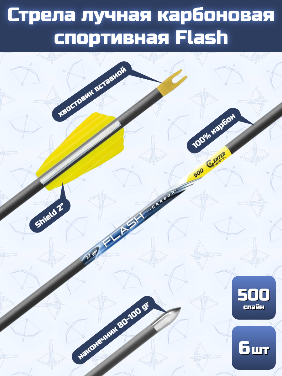 Стрела лучная карбоновая спортивная Centershot Flash 500 оперение Shield 2", 6 шт.