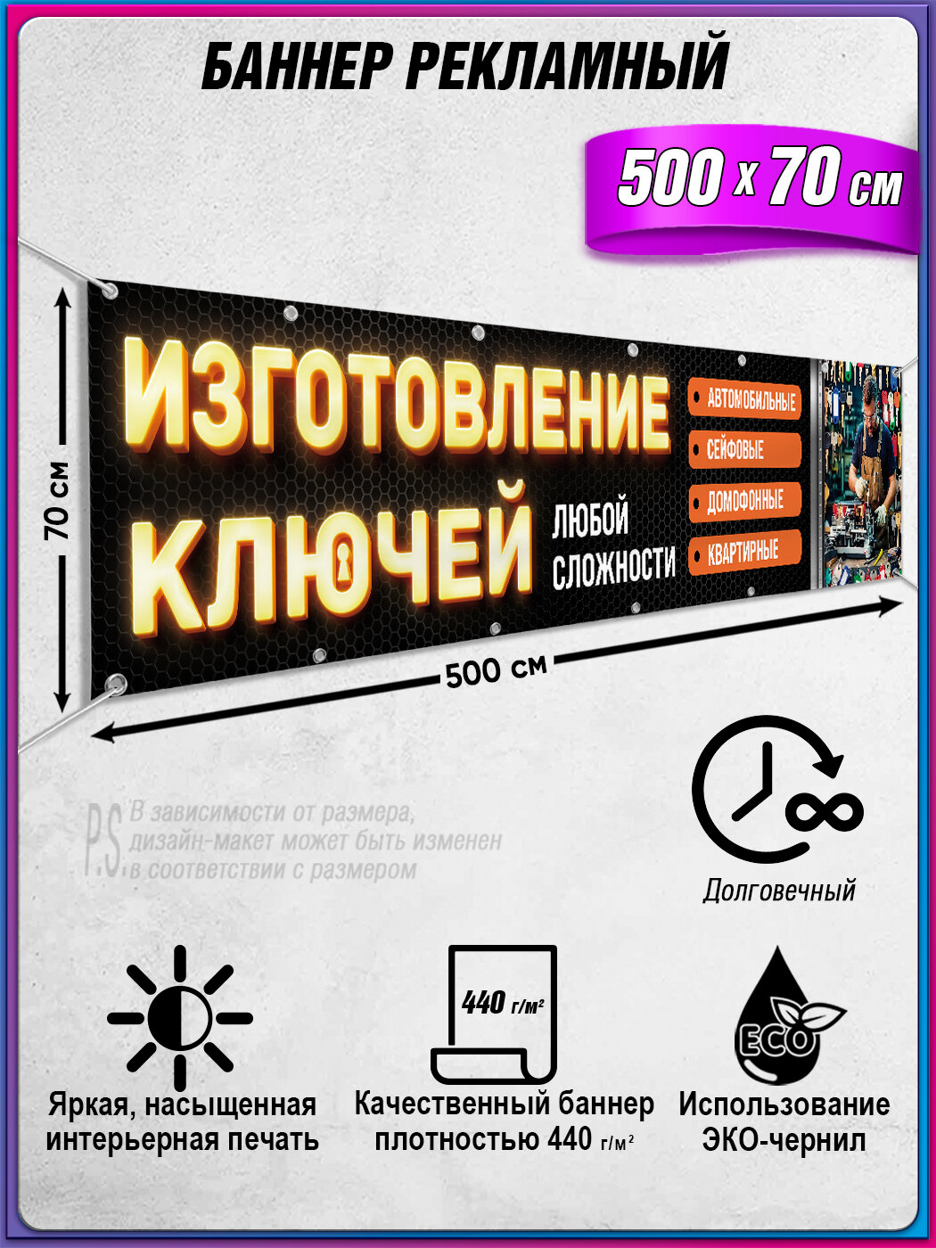 Баннер, рекламная вывеска "Изготовление ключей" / 5x0.7 м.