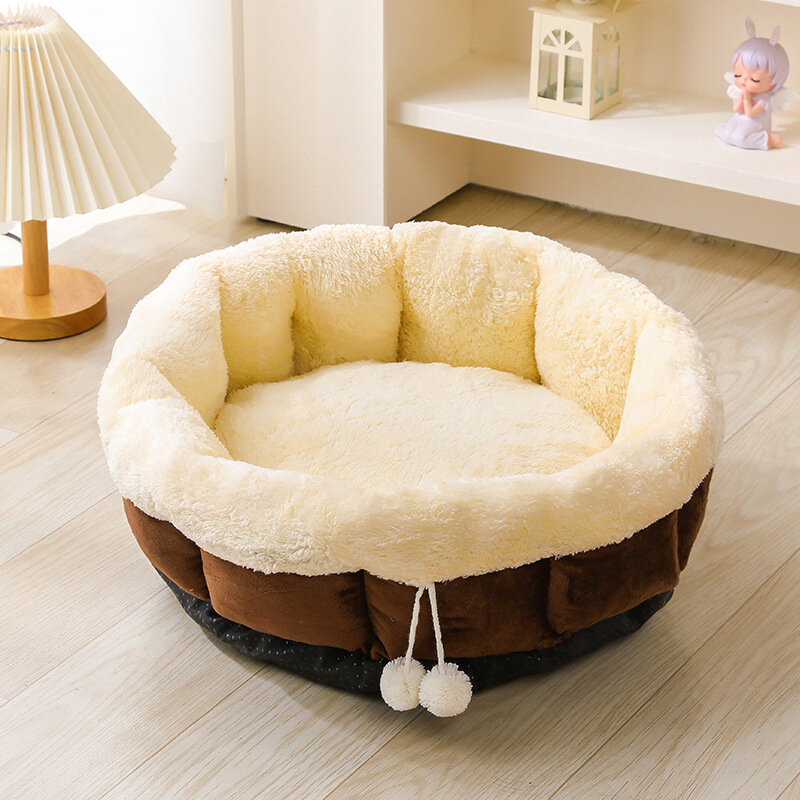 Зимний утолщенный круглый питомец-ложе для собак и кошек — теплый пуховиковый сон с диаметром 40/50/60 см Цвет：Бежевый