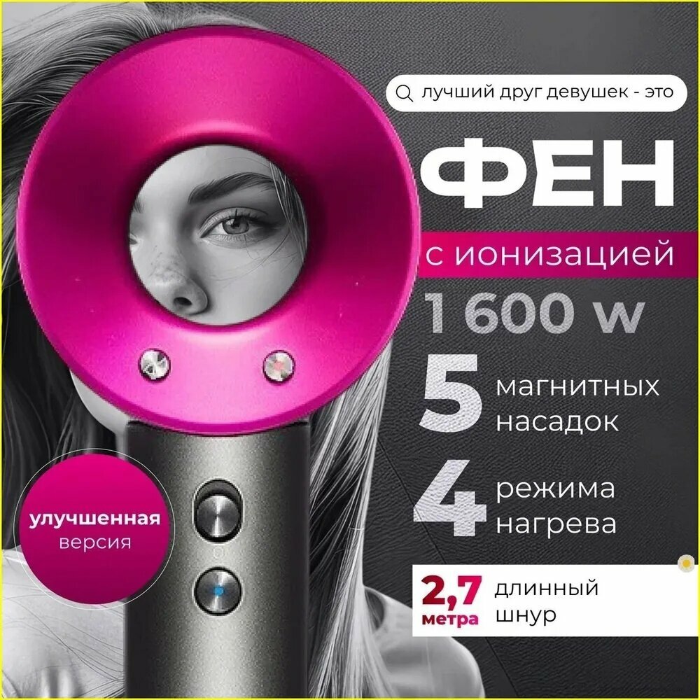 Фен для волос KT6081 1600 Вт, скоростей 3, кол-во насадок 5, розовый, серый