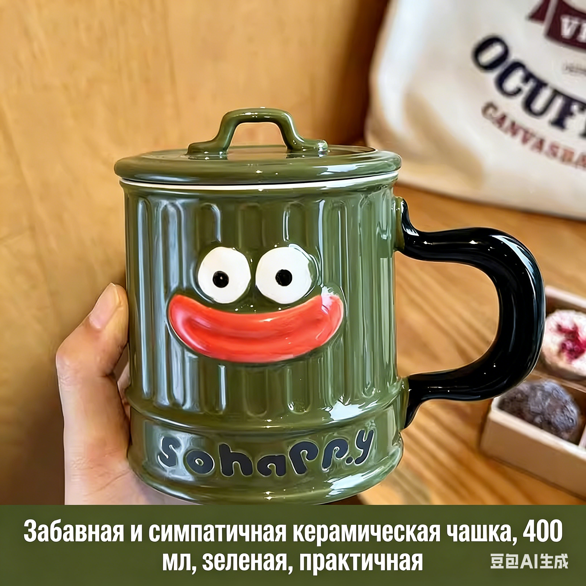 Забавная и симпатичная керамическая чашка, 400 мл, зеленая, практичная