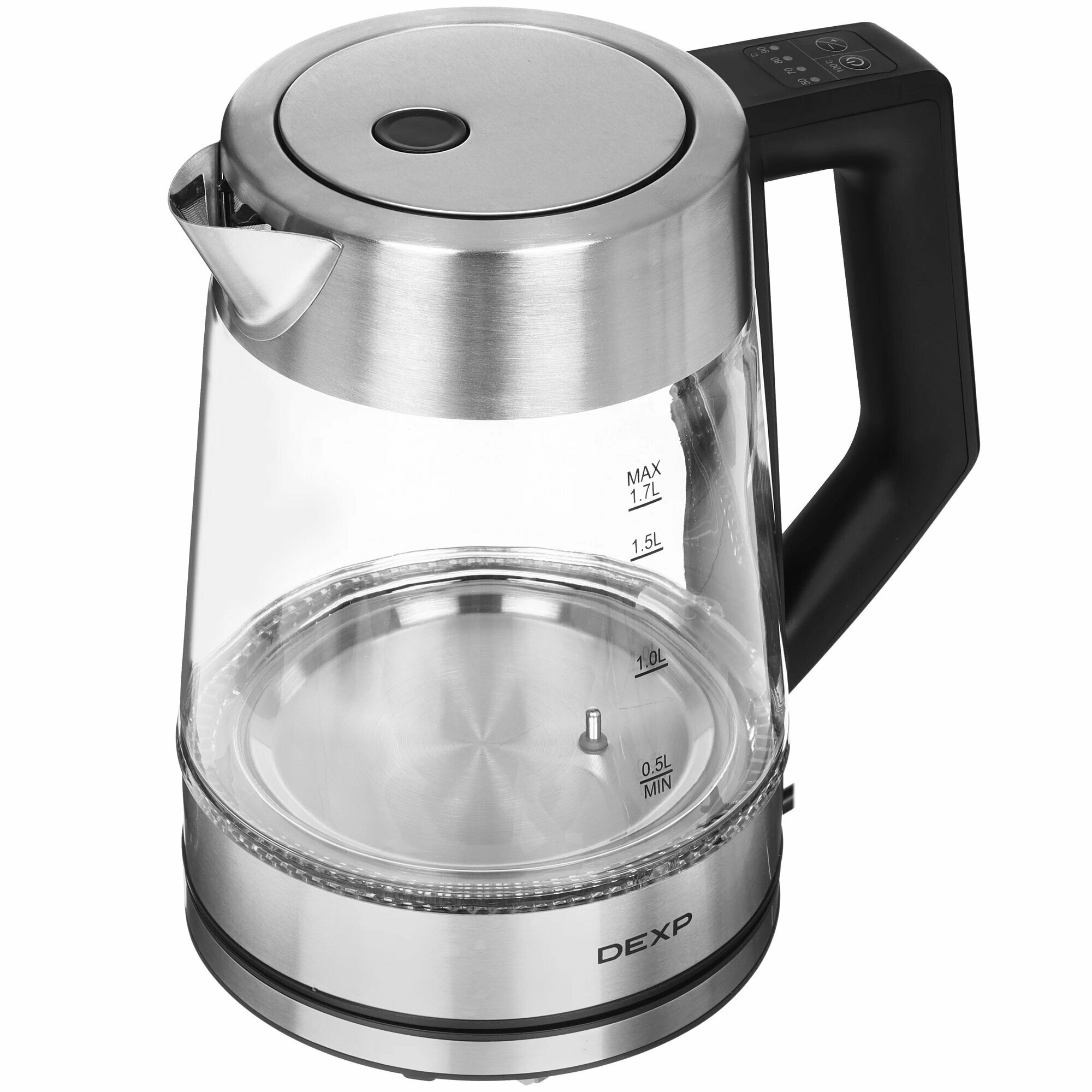 Чайник DEXP EK-05GKWS, термостойкое стекло, нержавеющая сталь, серебристого цвета
