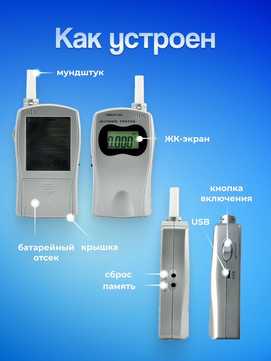 Алкотестер Digital Alcohol Tester (AT-570), ЖК-дисплей, самопроверка — фото 1