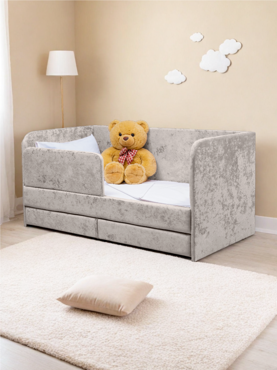 Кровать-диван "Непоседа" бежевая 200х90 см, 2 спальных места, с ящиком, защитным бортиком