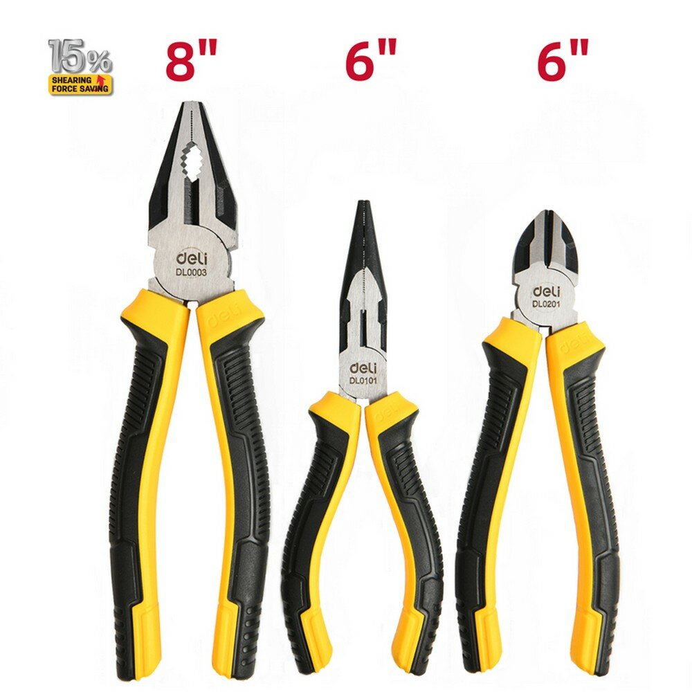 Шарнирно-губцевый инструмент Deli Набор плоскогубцев Deli DL0003-3 (комбинированные плоскогубцы 200мм, удлиненные плоскогубцы 160мм, диагональные бокорезы 160мм, двухкомпонентная прорезиненная рукоять) уц-2-2