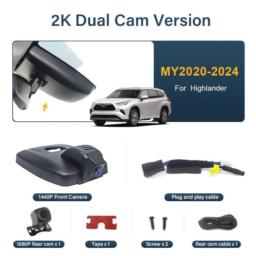 2K Dual Cam Видеорегистратор для Toyota Highlander 2020-2024, 64Гб