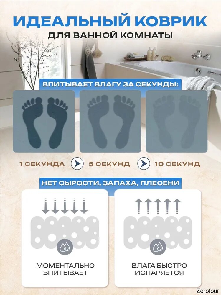 Коврик для ванной комнаты 60x90 см, быстро сохнущий, нескользящий, с 3D рисунком, прямоуголь — фото 1
