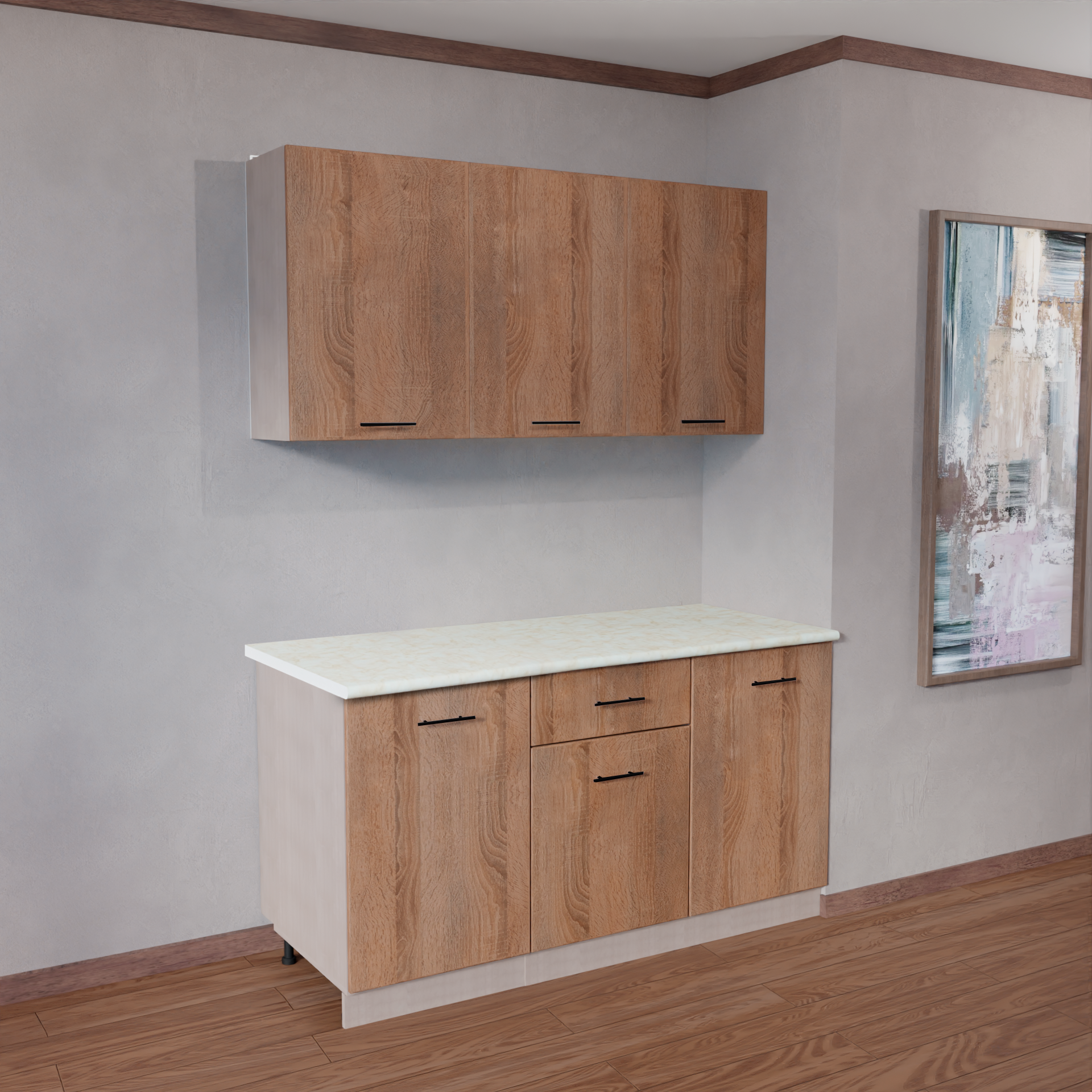 Кухонный гарнитур 1,5м Алеся со столешницей и черными ручками