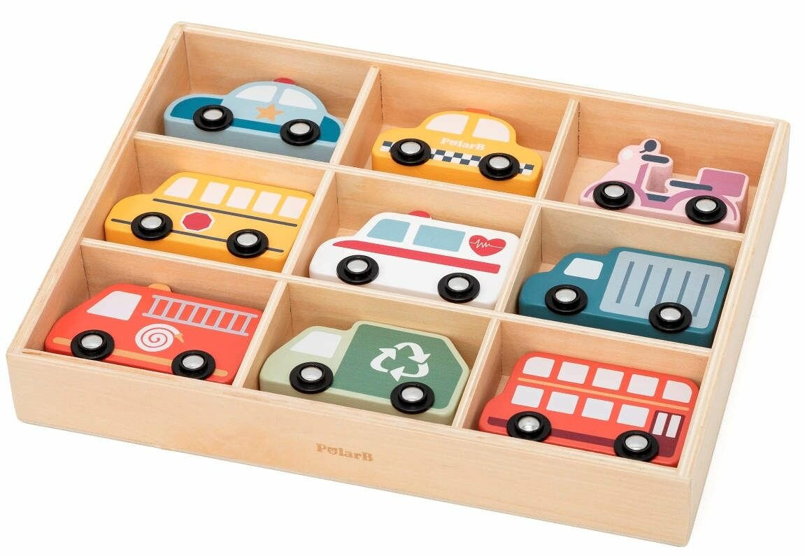 Набор спецтехники (9 машин) в ящике: пожарная, такси, контейнер