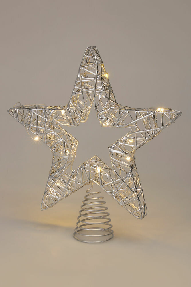 Ёлочная верхушка звезда савита, металл, серебряная, 20 тёплых белых микро LED-огней, 28 см, таймер, батарейки, Koopman International AMZ201180