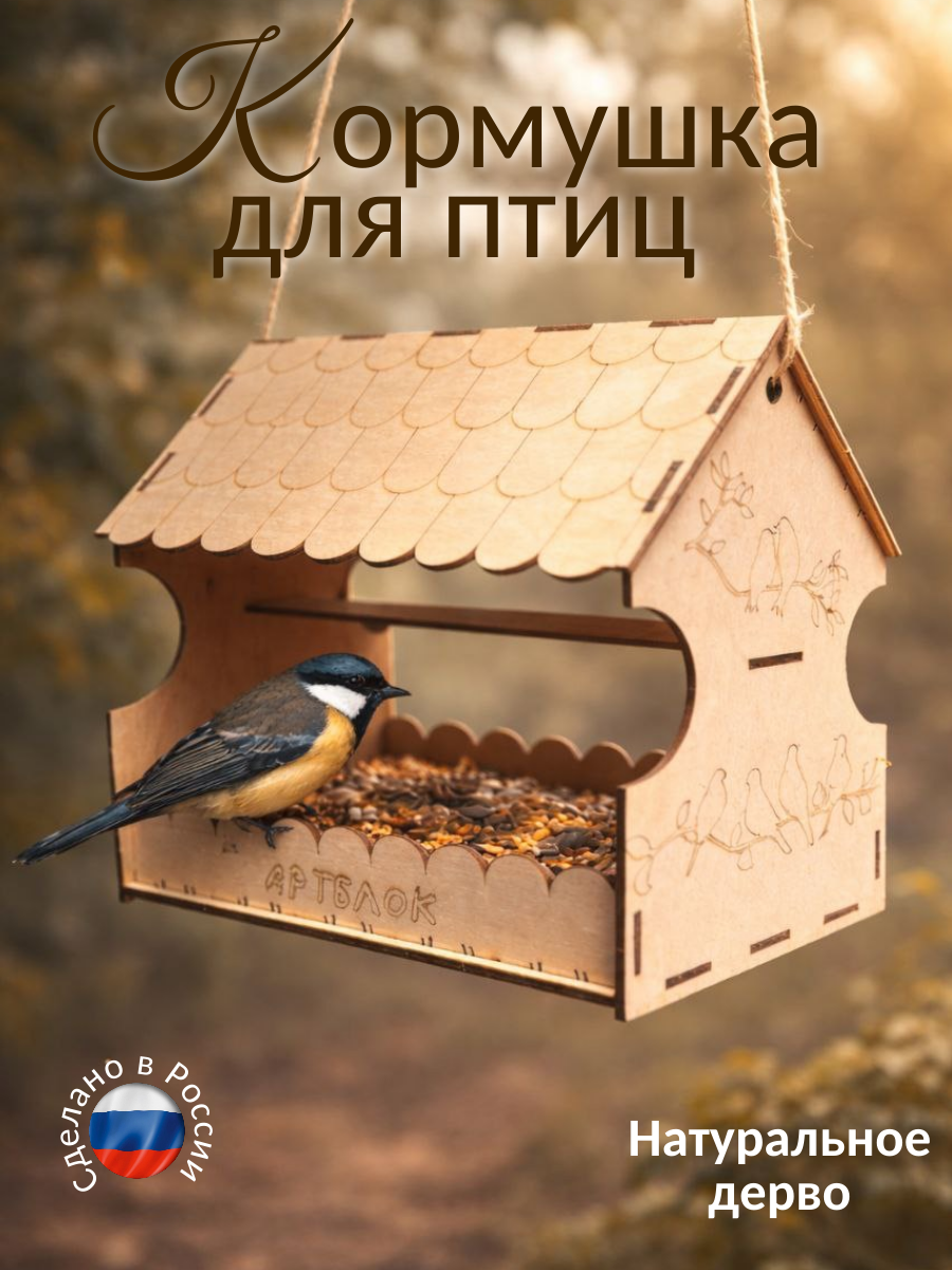 Кормушка для птиц "Птицы на ветке" сборная, подвесная, натуральная береза