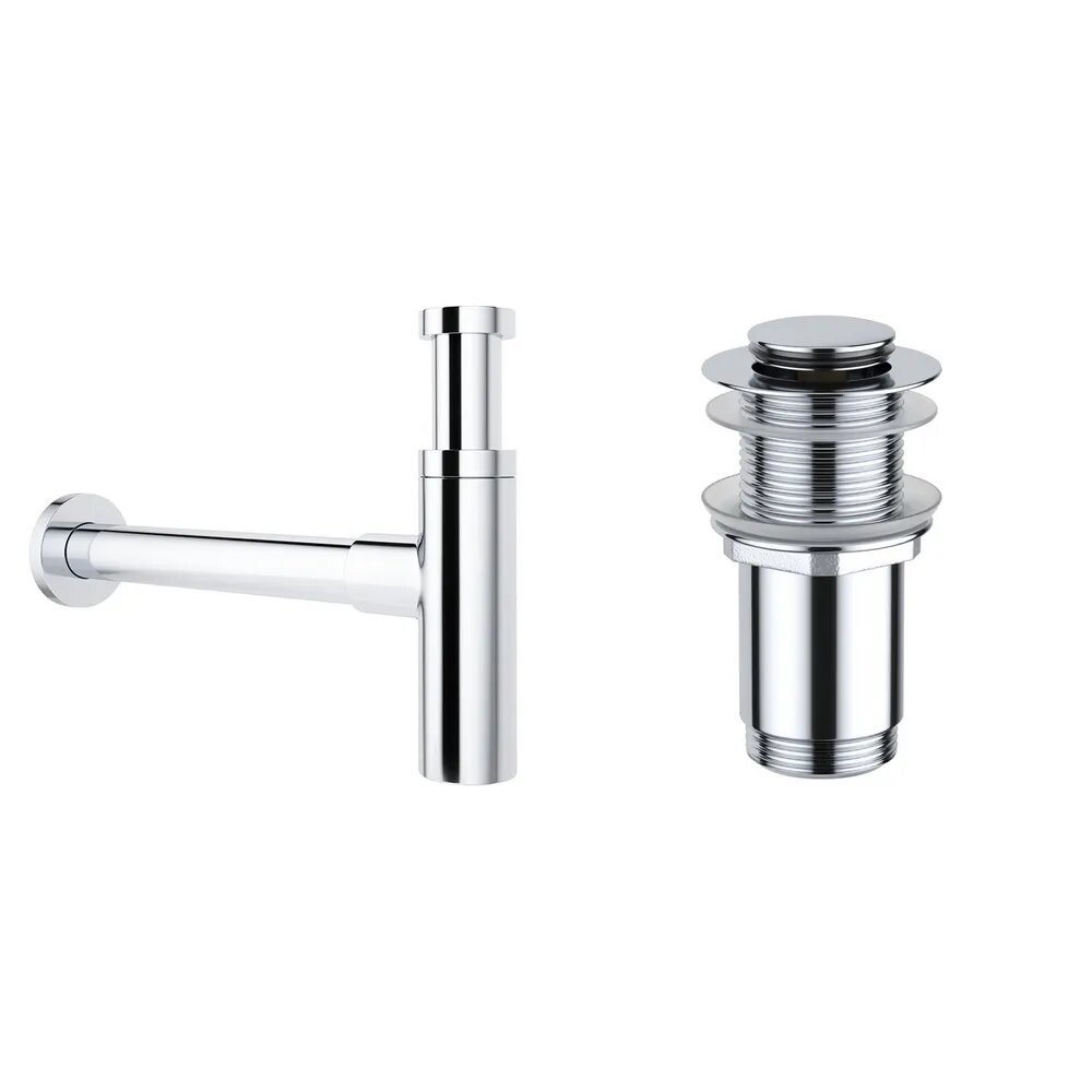 Сифон для раковины с донным клапаном Wellsee Drainage System 182119002 в наборе 2 в 1: металлический сифон для раковины, донный клапан без перелива click-clack (цвет набора хром)