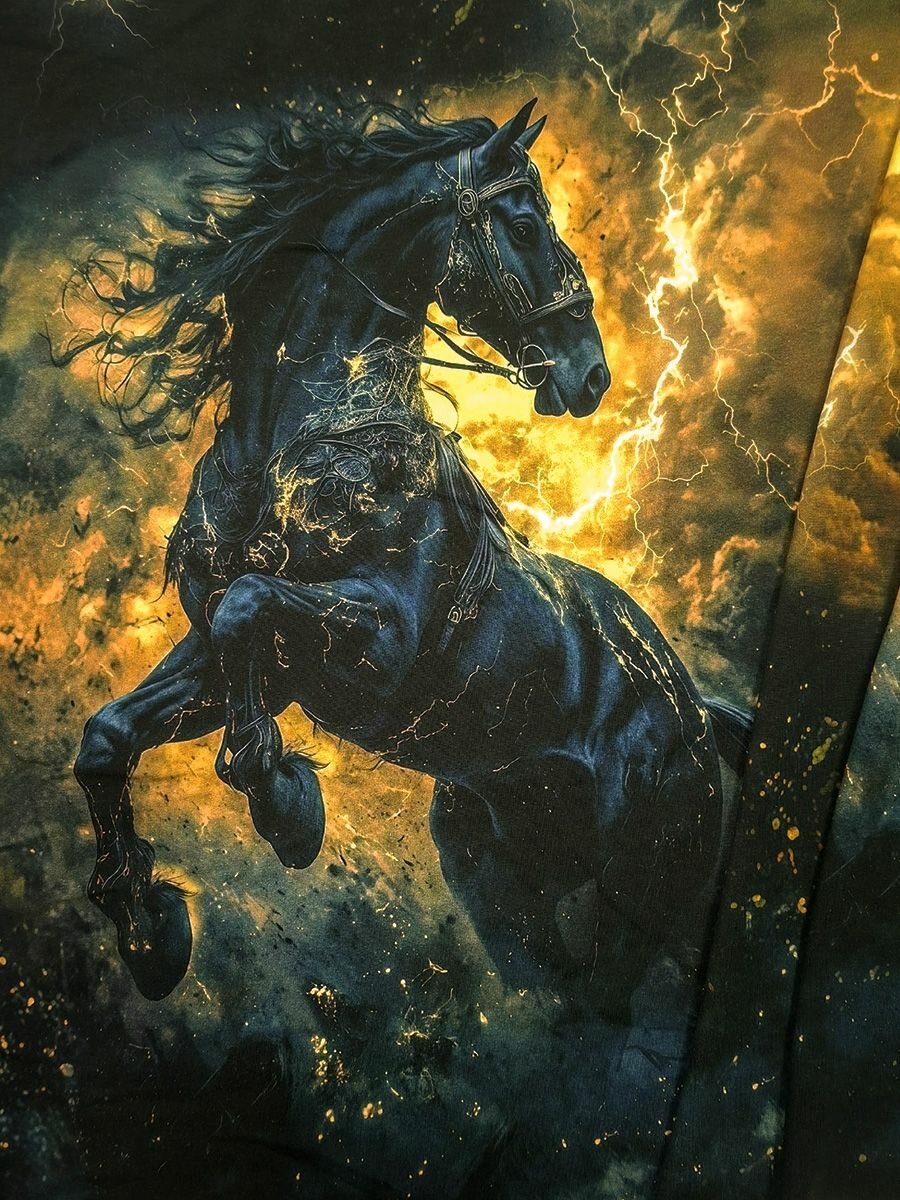 Кулирка с лайкрой купон "Конь на желтой молнии" ширина 180см, высота 80 (+-2)см пенье