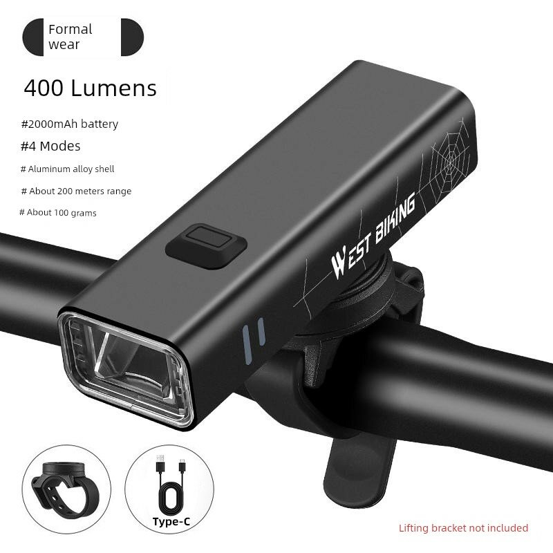 Черный USB-заряжаемый велосипедный фонарь с алюминиевым корпусом, 400 люменами и аккумулятором 2000 мАч
