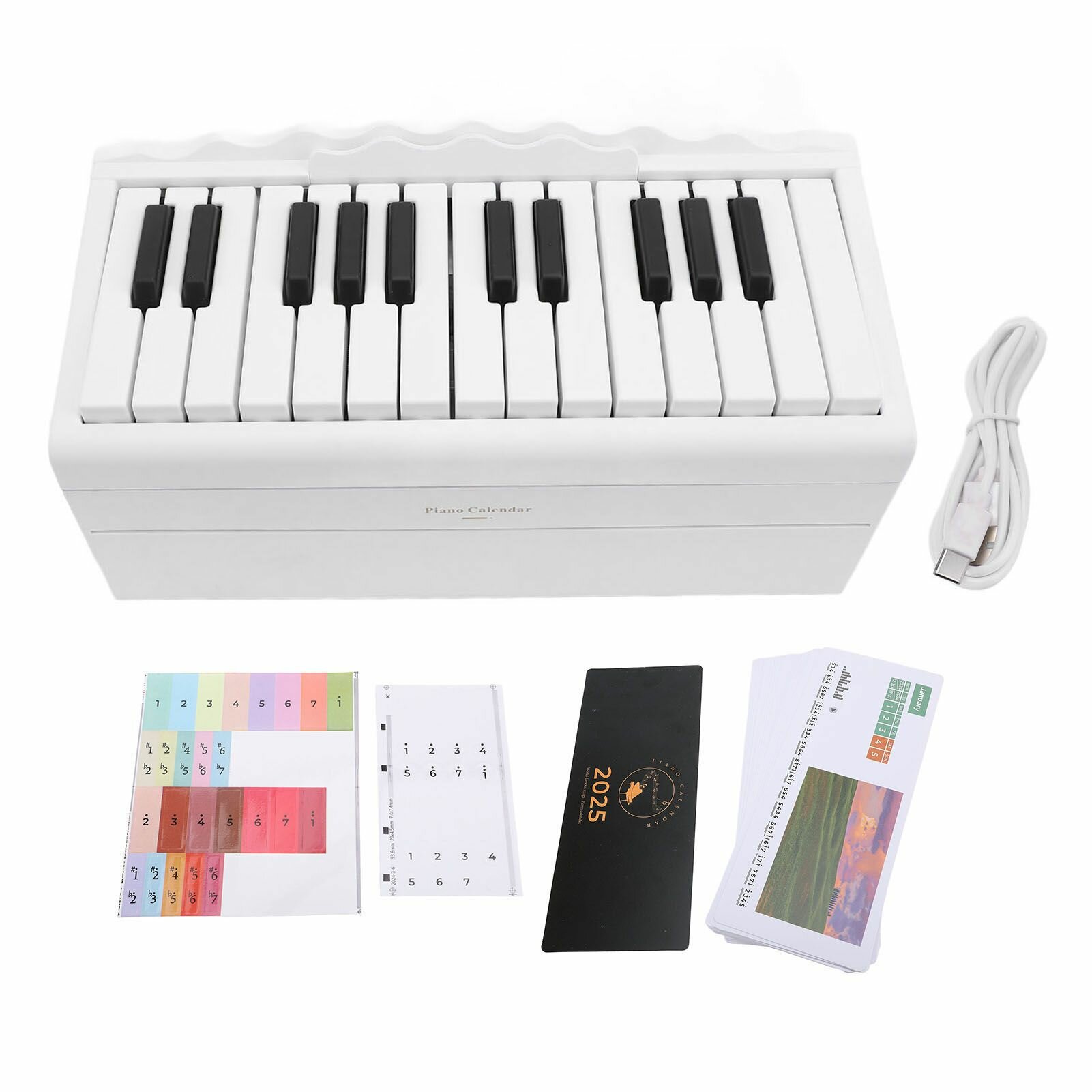 Играемый пианино-календарь с 27 картами, 25 клавишами, регулировкой громкости, 1000 мАч, перезаряжаемый ручной календарь 2025 года, белый