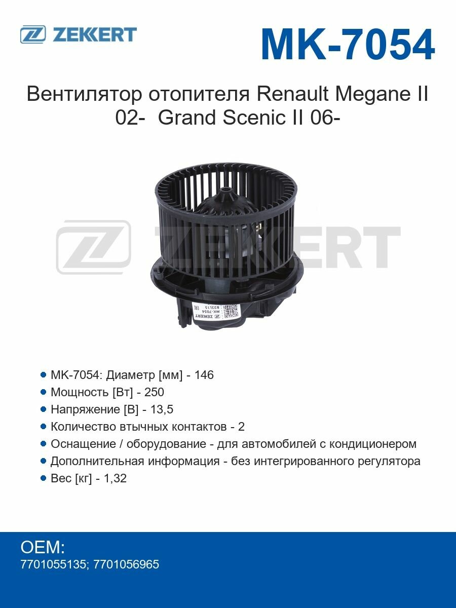 Zekkert Вентилятор отопителя Renault Megane II 02- Grand Scenic II 06-