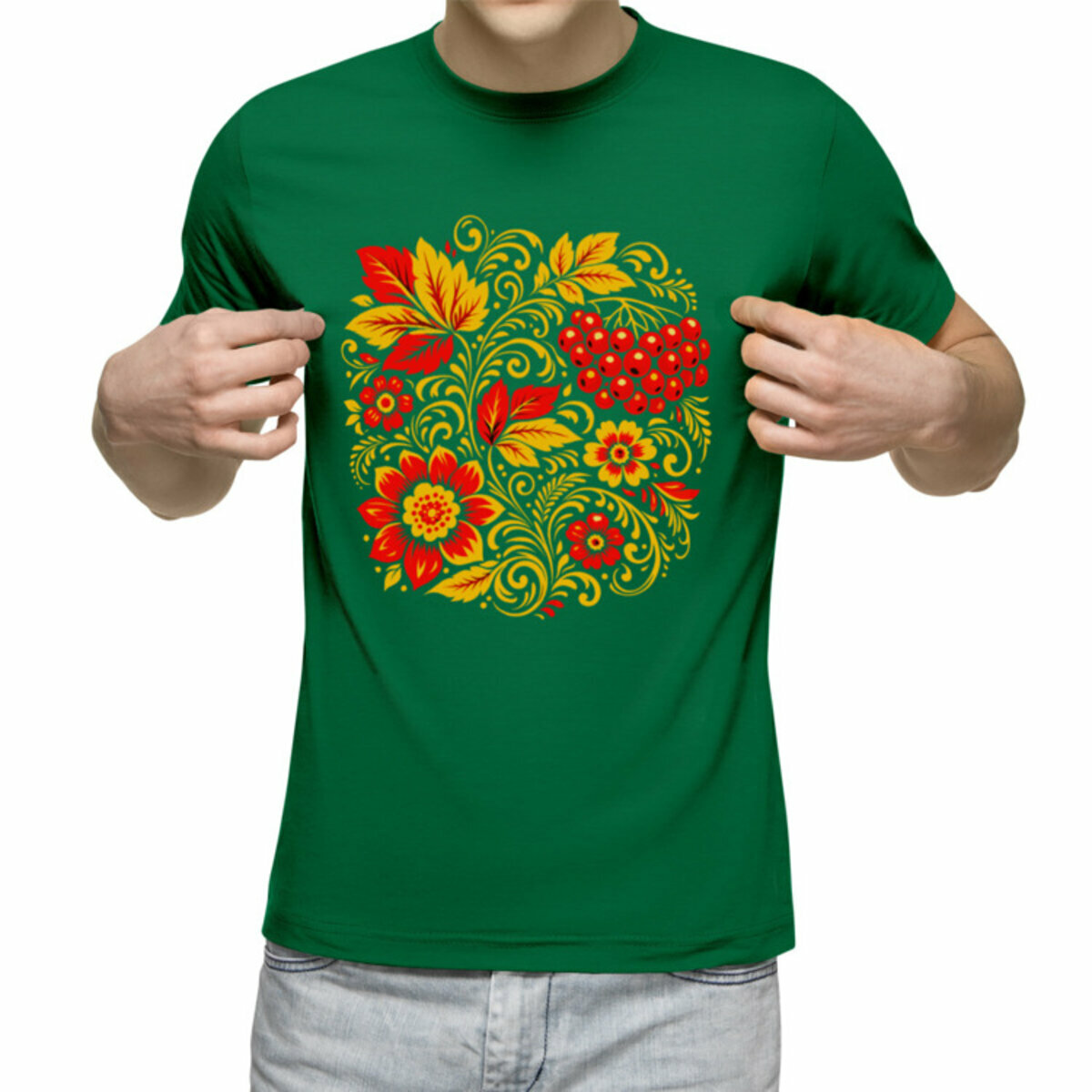 Мужская футболка «Русская хохлома: хохломская роспись орнамент» (зеленый, S)