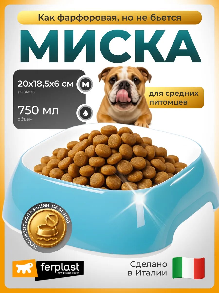 Миска для кошек и собак Ferplast GLAM M пластиковая, голубая, 0,75 л (под керамику)