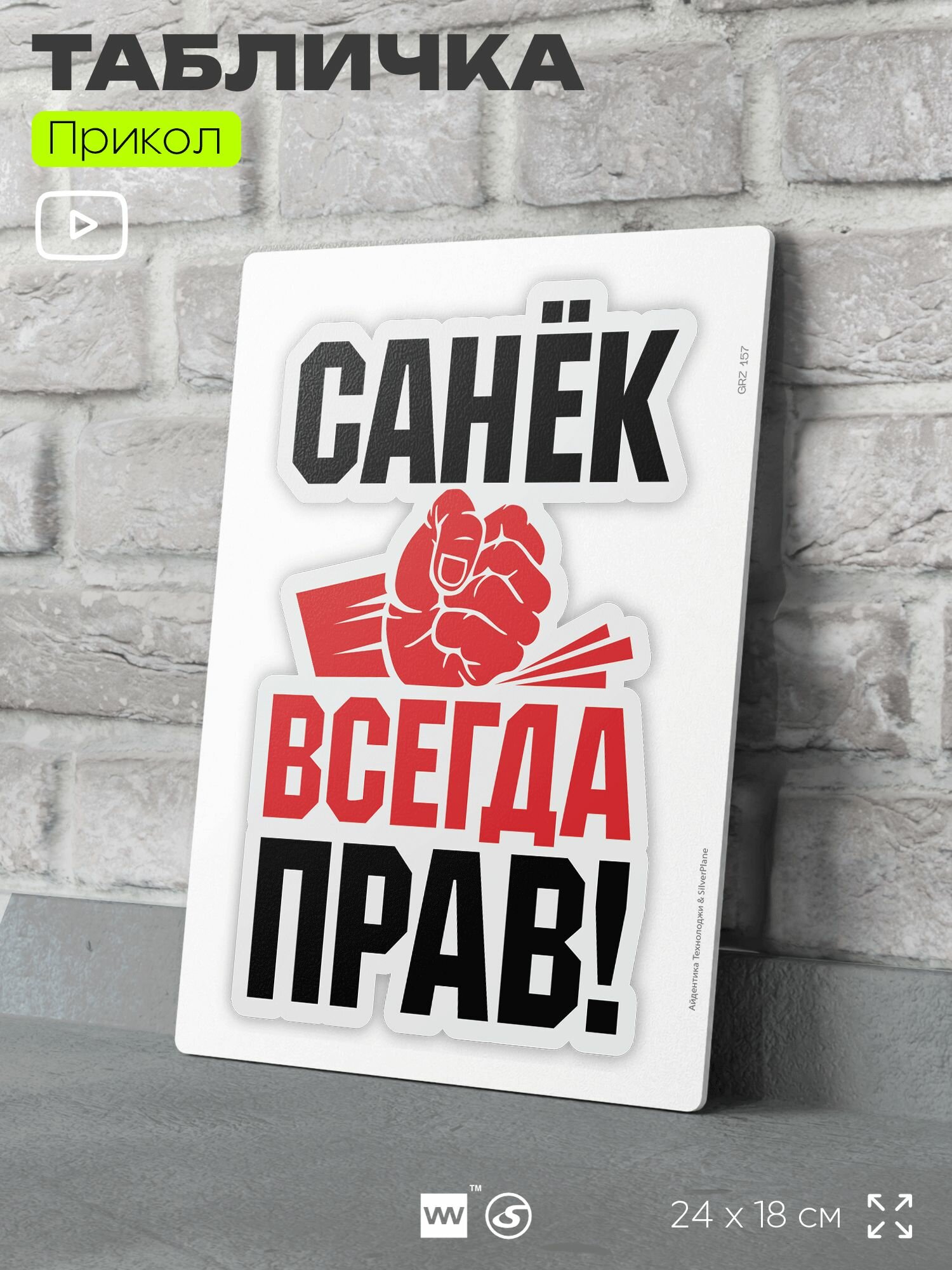 Табличка шуточная прикольная "Санёк всегда прав!" на дверь и стену, для дома, для гаража, пластиковая с двусторонним скотчем, 24х18 см, серия Алкан, Айдентика Технолоджи