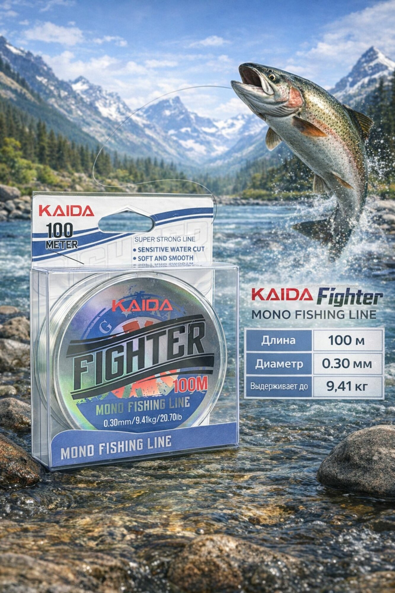 Леска рыболовная KAIDA Fighter 0.30 мм, 100 м, до 9.4 кг, монофильная