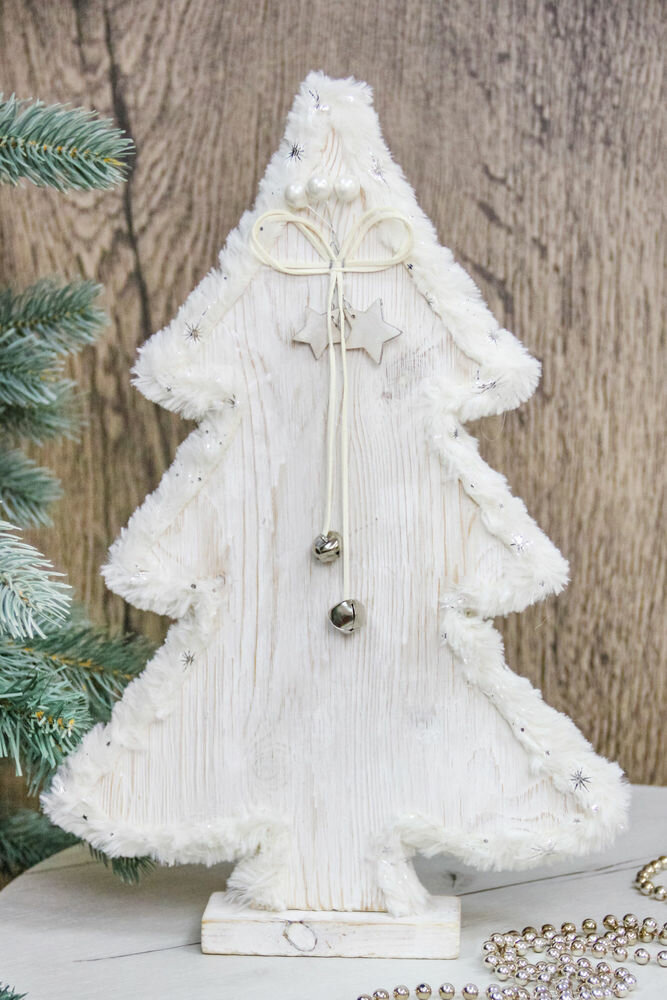 Деревянная настольная елочка В шубке, белая, 40 см, Kaemingk 551280-2