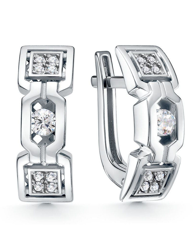 Серьги двусторонние BERGER, серебро, 925 проба, родирование, фианит
