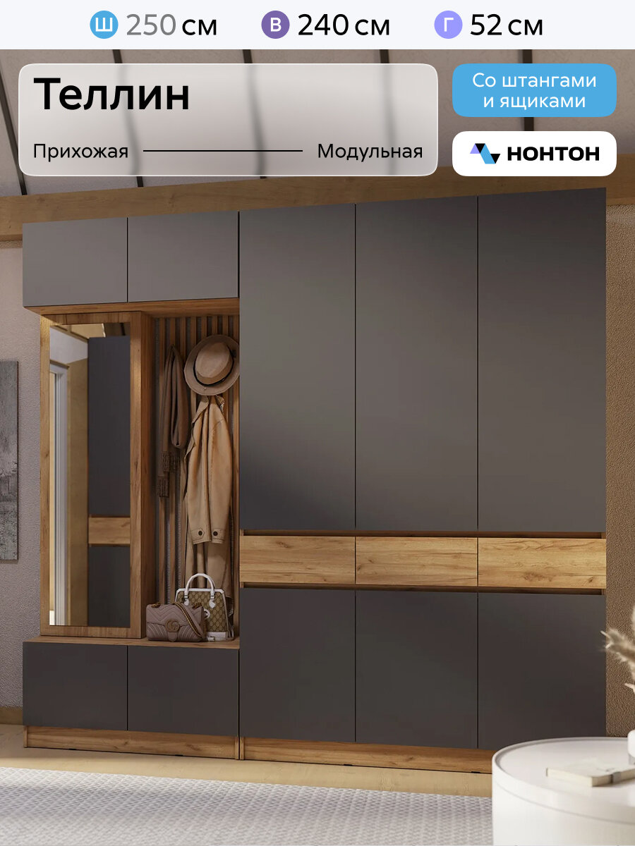 Прихожая мебель Теллин 2 дуб крафт / графит 250x52x240 см