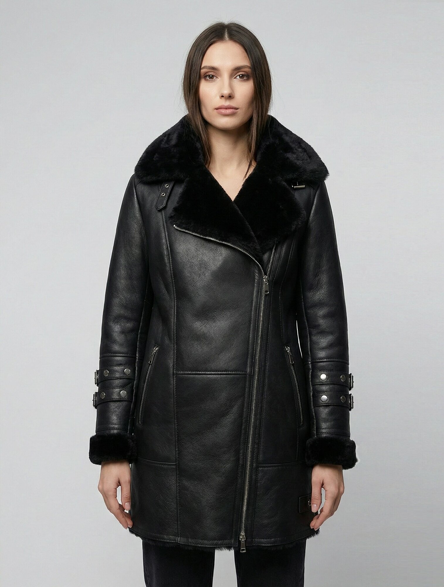 Дублёнка женская с капюшоном, размер 48 (L), черная