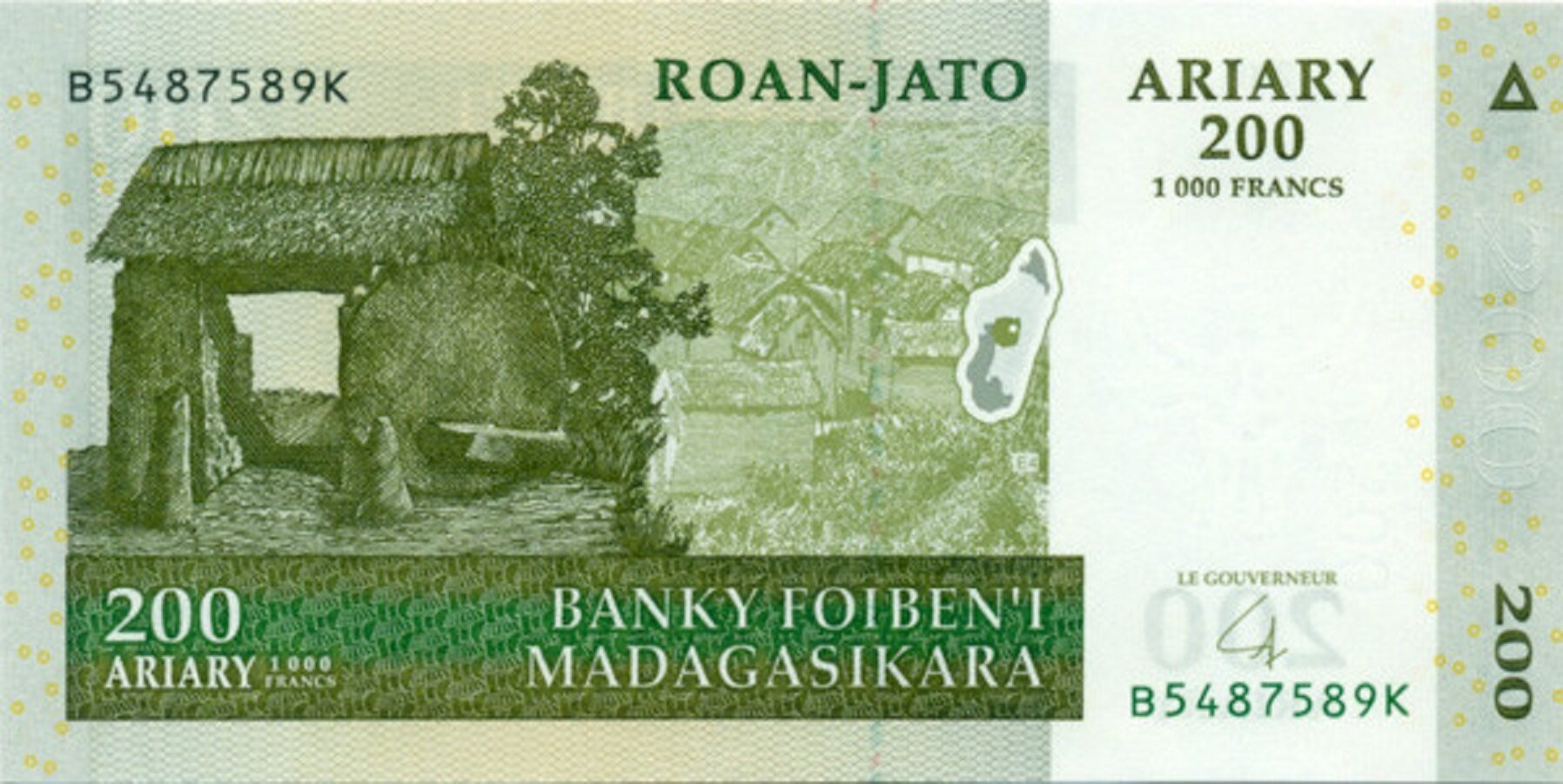 Банкнота номиналом 200 ариари-1000 франков Мадагаскара 2004 года. Р-87