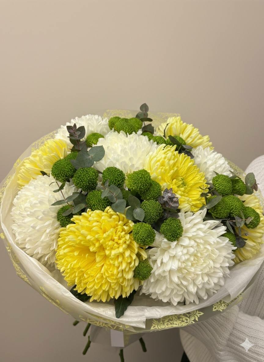 Букет "Весенний", хризантема белая, желтая, зеленая кустовая
