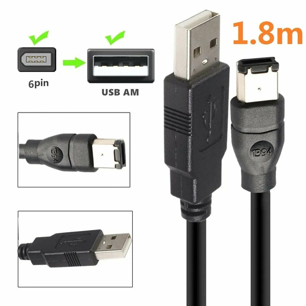 PENGQIAO Кабель для мобильных устройств FireWire 400 6-pin/USB 2.0 Type-A, 1.8 м, черный матовый